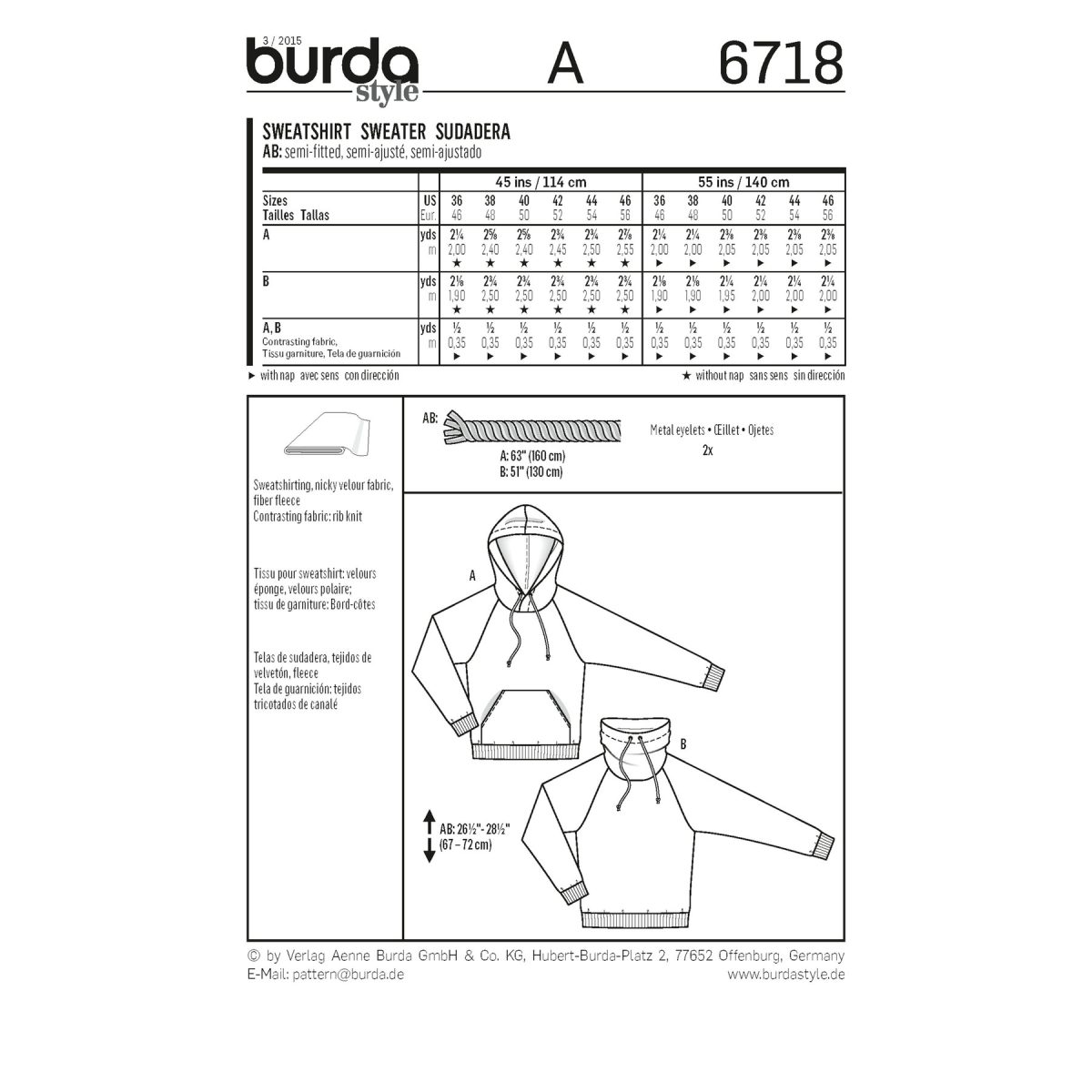 Burda B6718 Men’s Pullover Hoodie Sewing Pattern - Sewdirect Australia