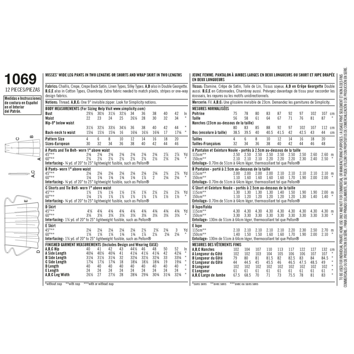 Simplicity Sewing Pattern 1069 Misses’ Wide Leg Trousers or Shorts ...
