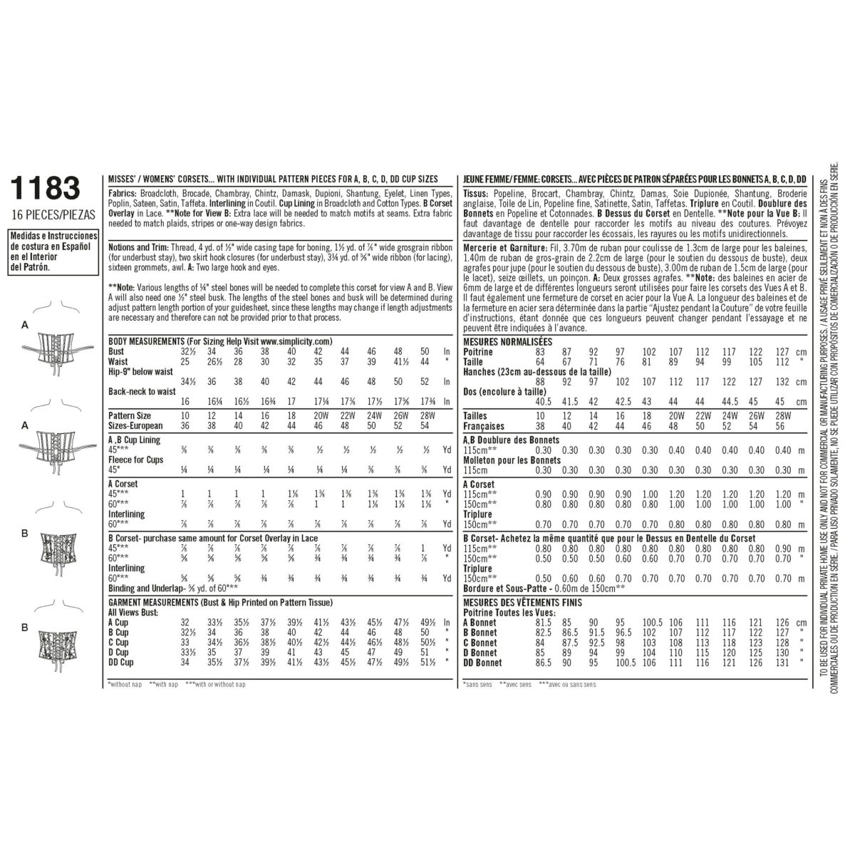 Simplicity Sewing Pattern 1183 Misses’ and Plus Size Corsets ...