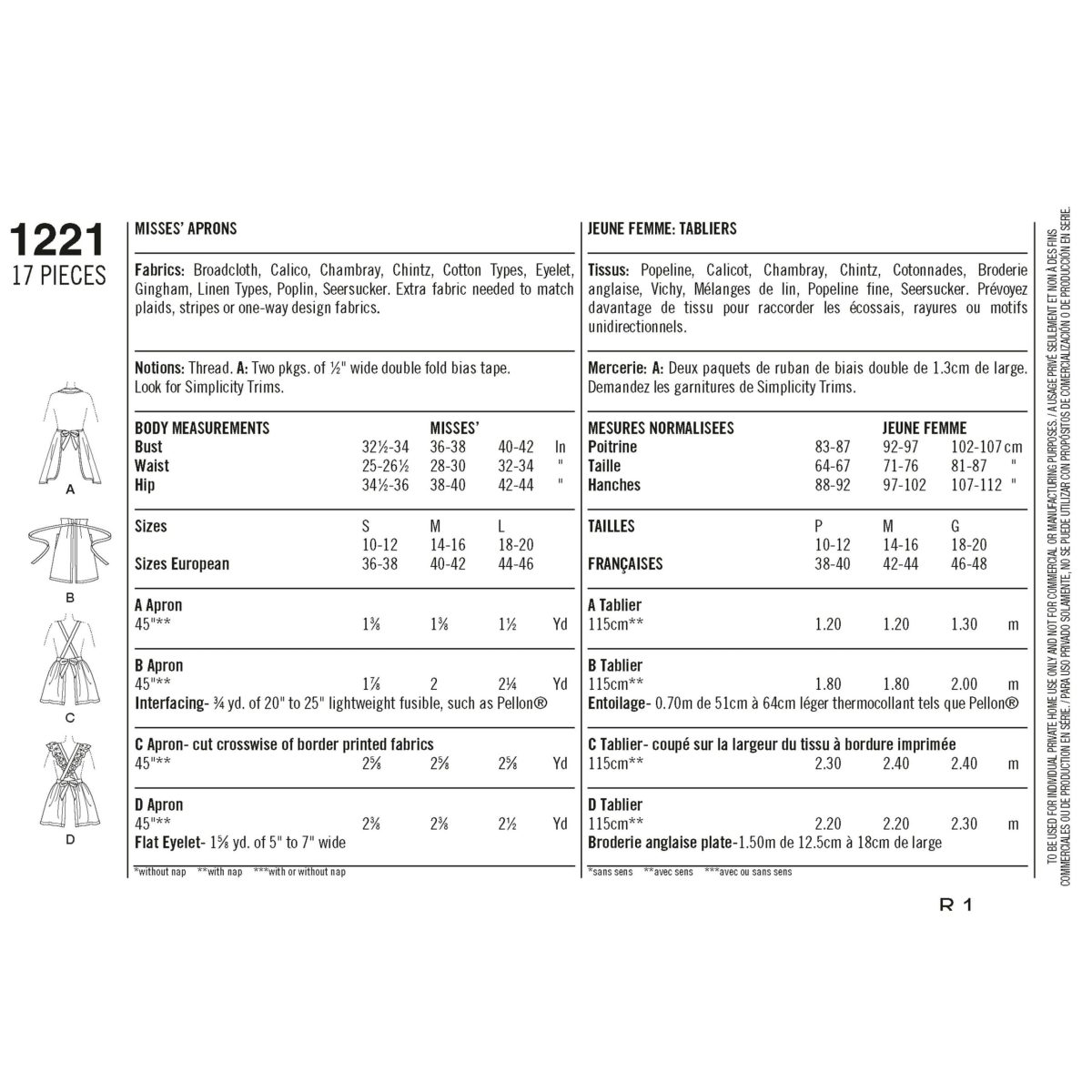 Simplicity Sewing Pattern 1221 Misses’ Vintage Aprons - Sewdirect Australia
