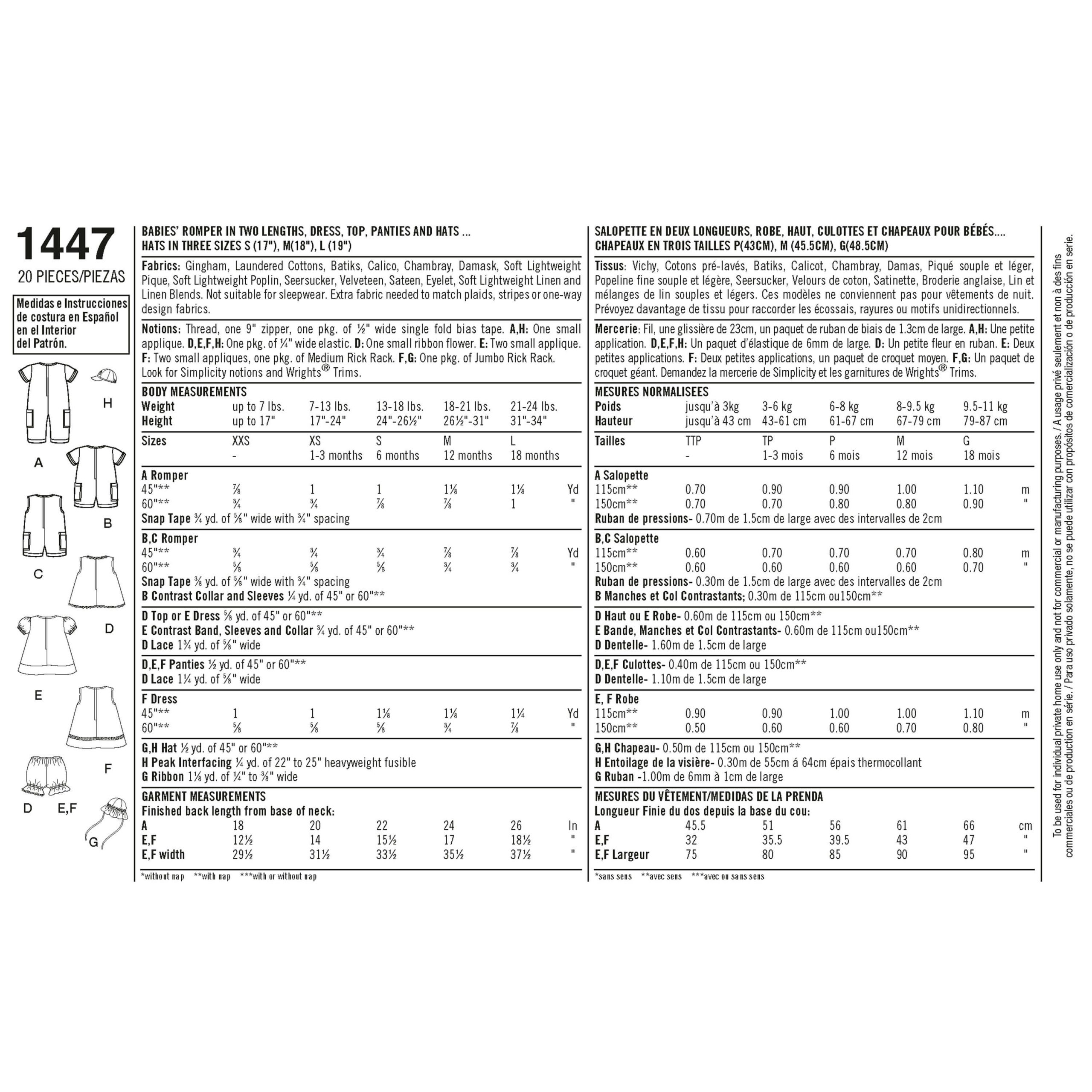 Simplicity Sewing Pattern 1447 Babies’ Romper, Dress, Top, Panties and ...