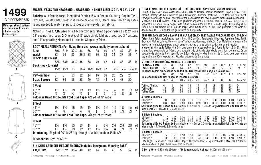 Simplicity Sewing Pattern 1499 Misses’ Vest and Headband in Three Sizes ...