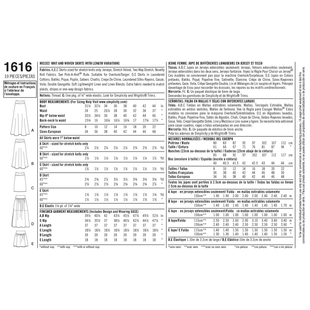 Simplicity Sewing Pattern 1616 Misses’ Knit or Woven Skirts - Sewdirect ...