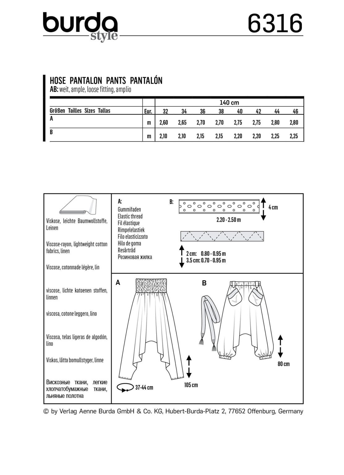 Burda Style pattern B6316 Misses’ harem pant - Sewdirect Australia