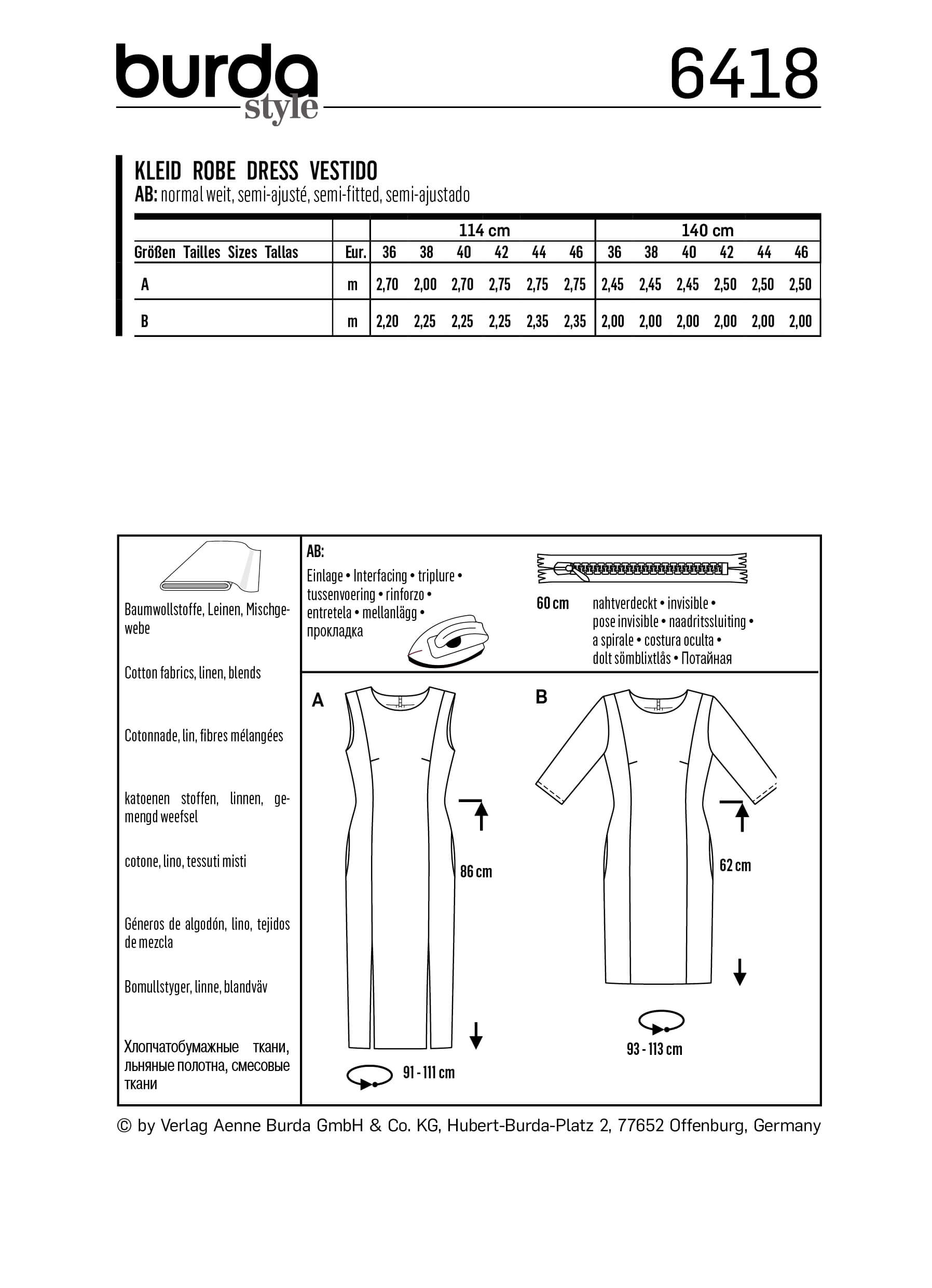 Burda Style Pattern B6418 Women’s Feminine Dresses - Sewdirect Australia
