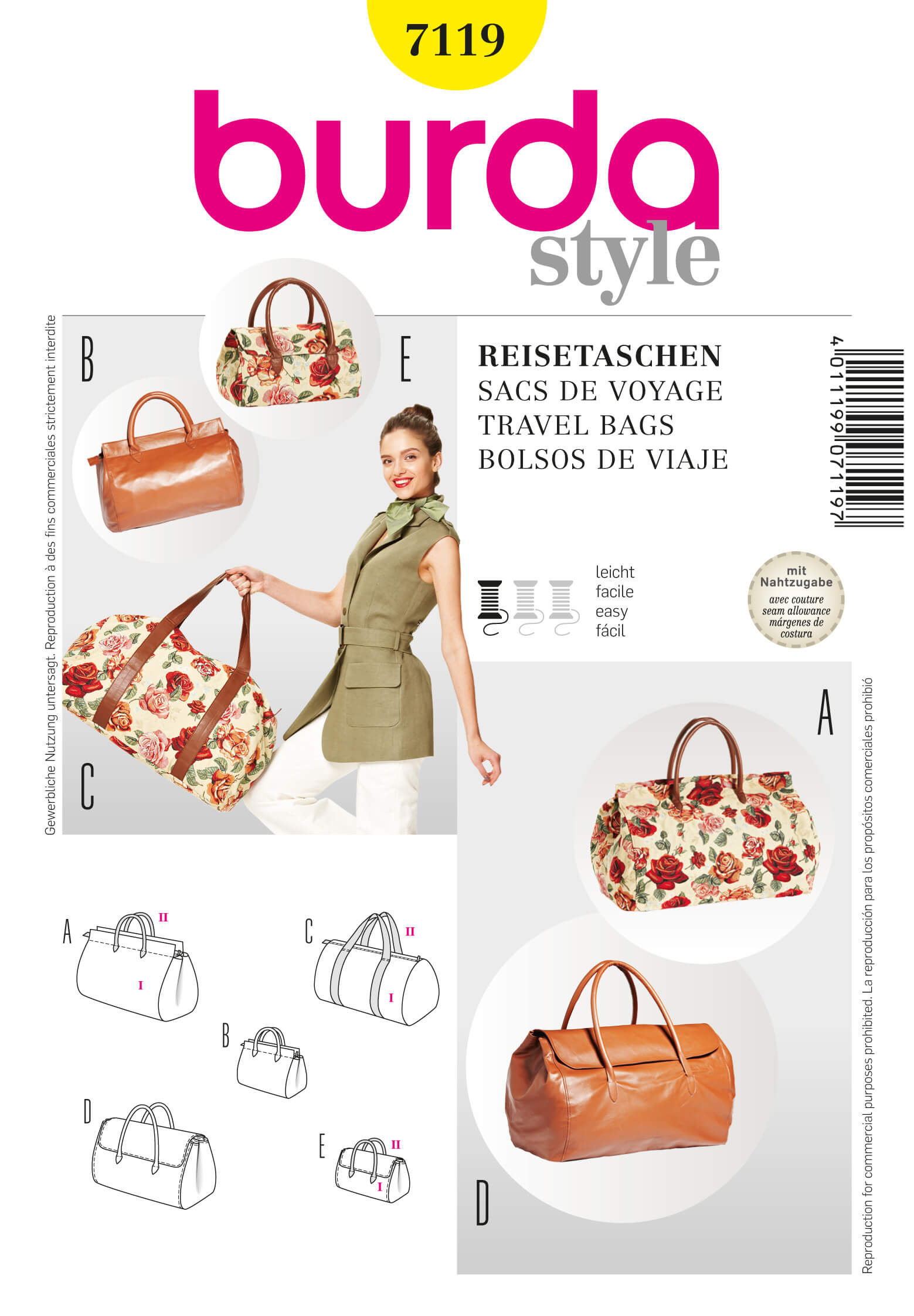 Burda Style B7119 Travel Bags Sewing Pattern - Sewdirect Australia