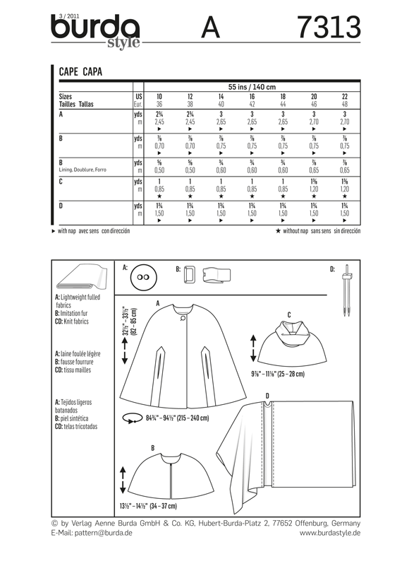 Burda Style B7313 Cape Sewing Pattern - Sewdirect Australia