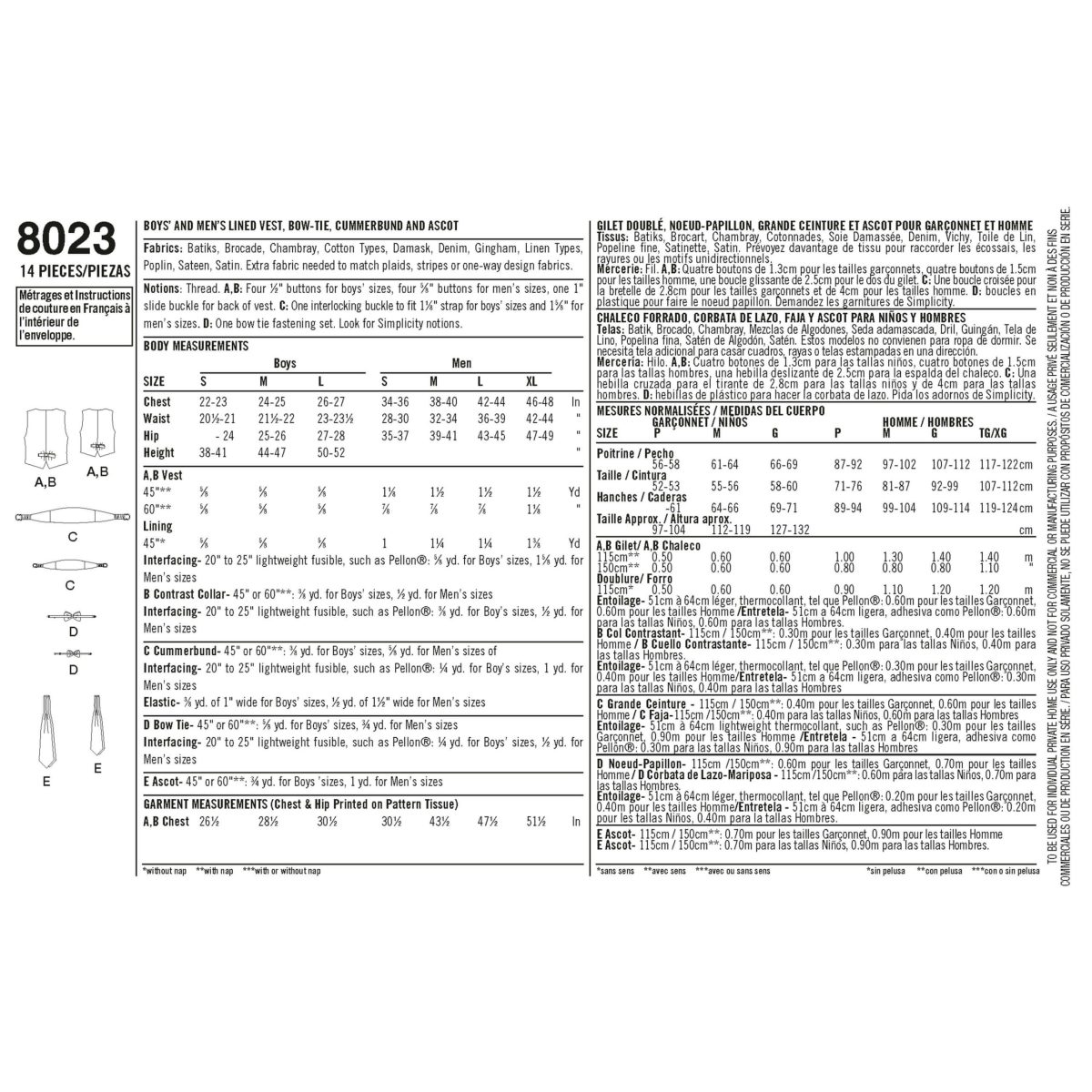 Simplicity Sewing Pattern 8023 Boys’ and Men’s Vest, Bow-tie ...