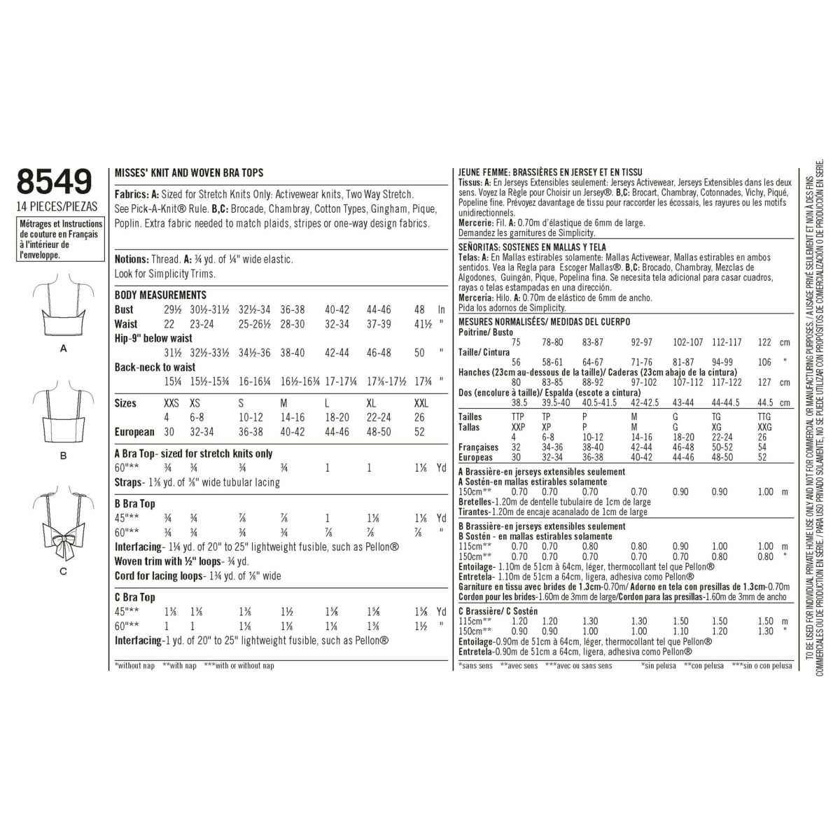 Simplicity Pattern 8549 Misses’ Bra Tops - Sewdirect Australia