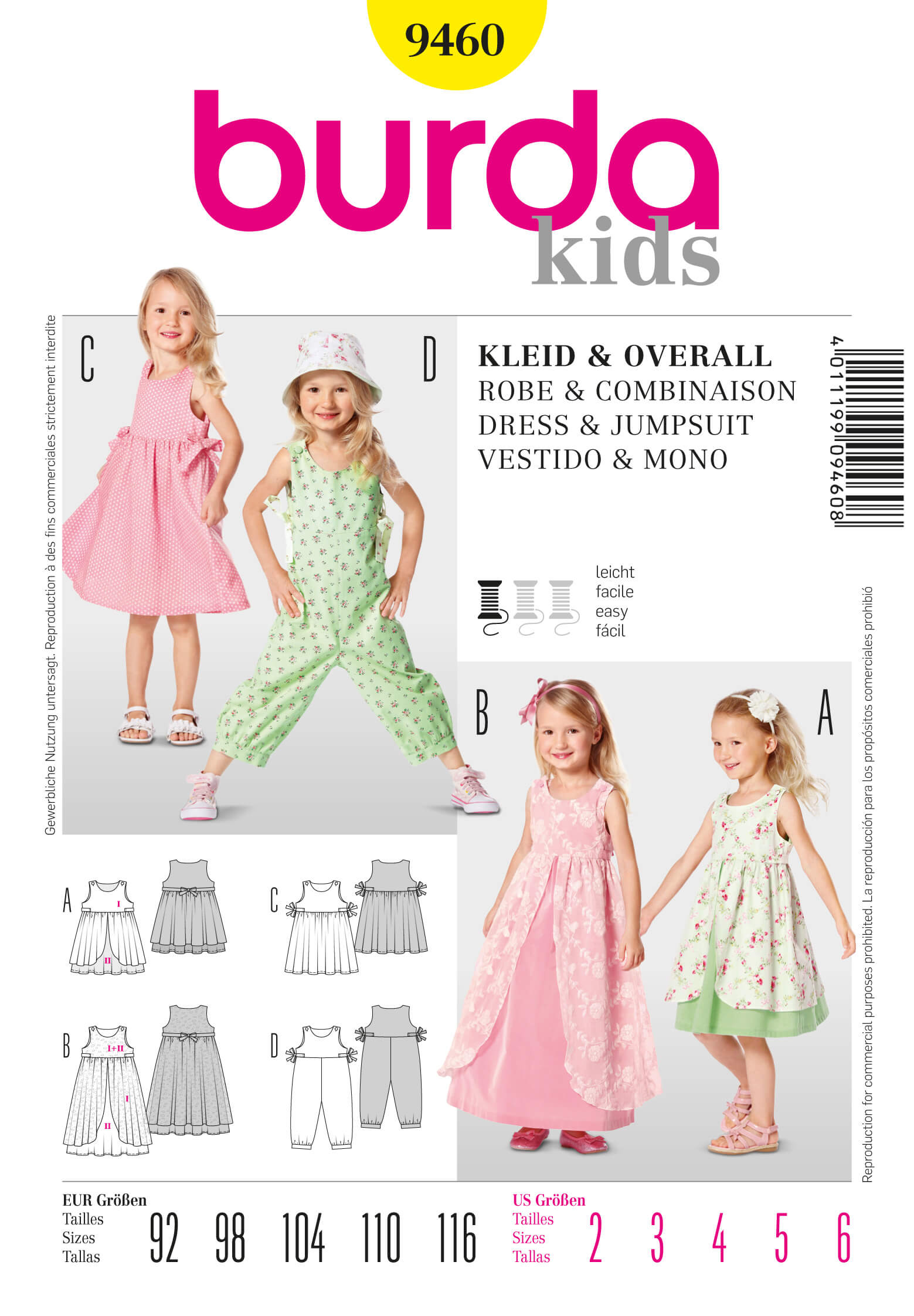 Burda Style B9460 Kids Dress & Jumpsuit Sewing Pattern - Sewdirect ...