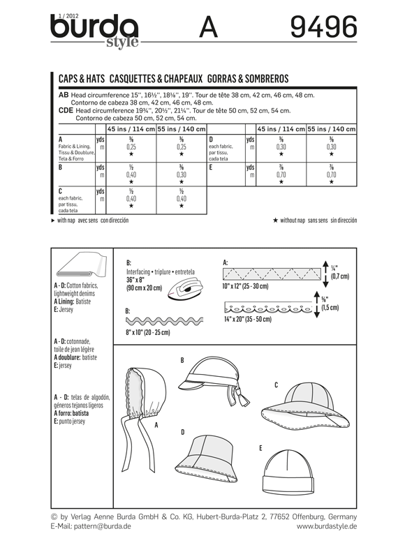 Burda B9496 Style Caps & Hats Sewing Pattern - Sewdirect Australia