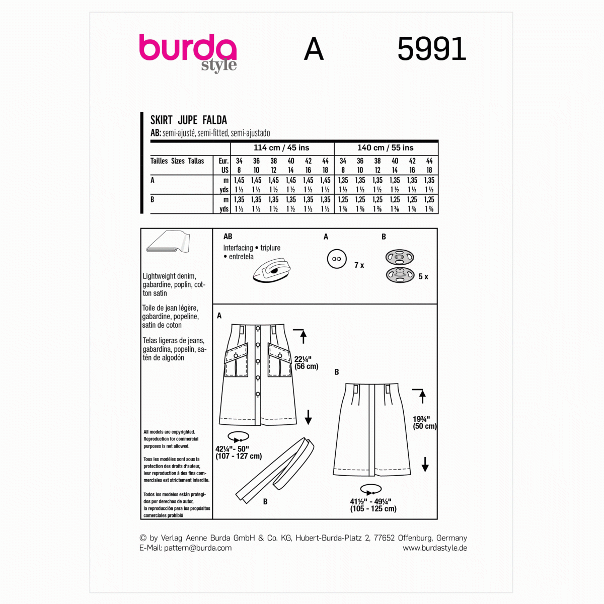 Burda Style Pattern B5991 Misses’ Front Fastening Skirt - Sewdirect ...