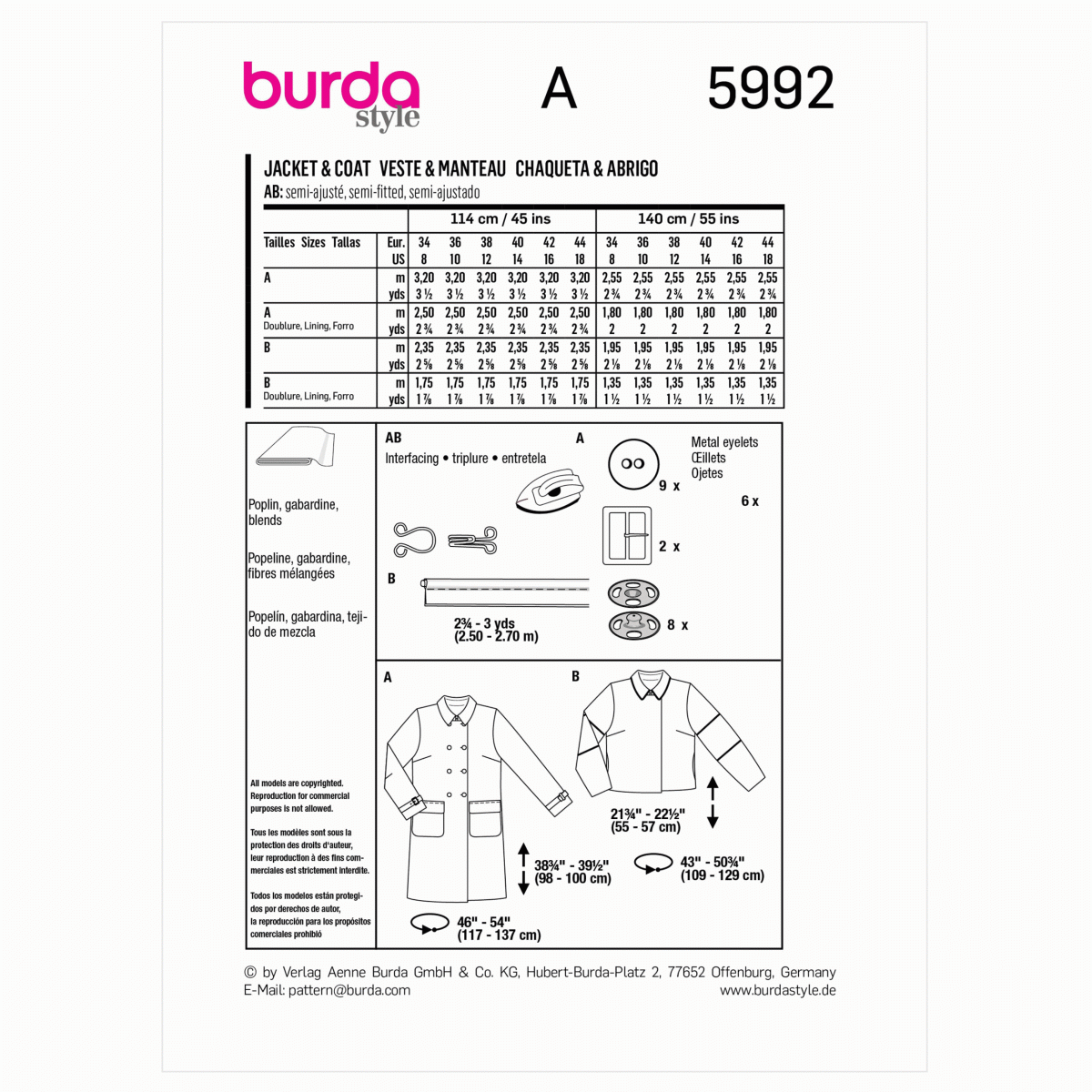 Burda Style Pattern B5992 Misses’ Double-Breasted Coat and Jacket ...