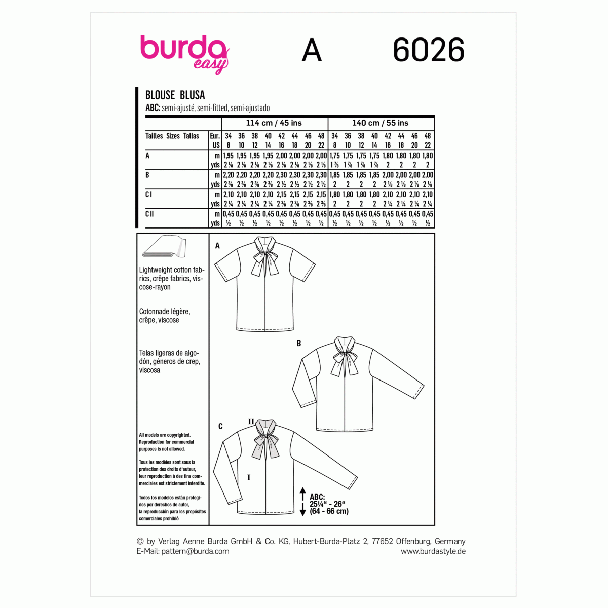 Burda Style pattern B6026 Misses’ Blouse - Sewdirect Australia