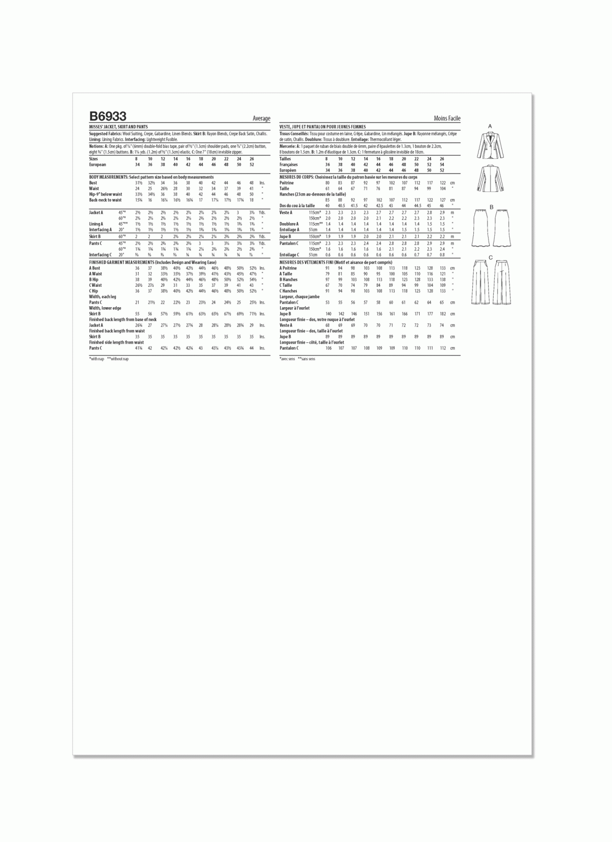 Butterick Sewing Pattern B6933 Misses’ Jacket, Skirt and Trousers ...