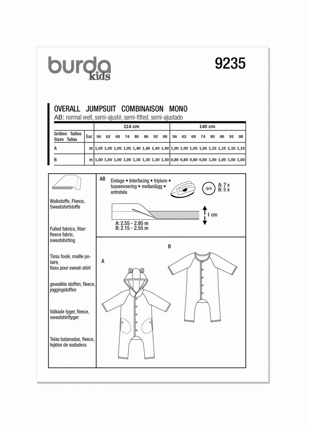 Burda Style Pattern B9235 Babies’ Jumpsuit - Sewdirect Australia