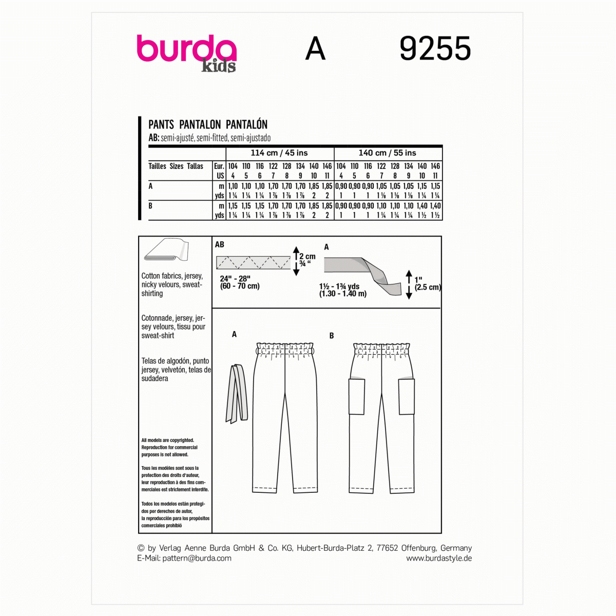 Burda Style Pattern B9255 Children’s Pull-On Trousers - Sewdirect Australia