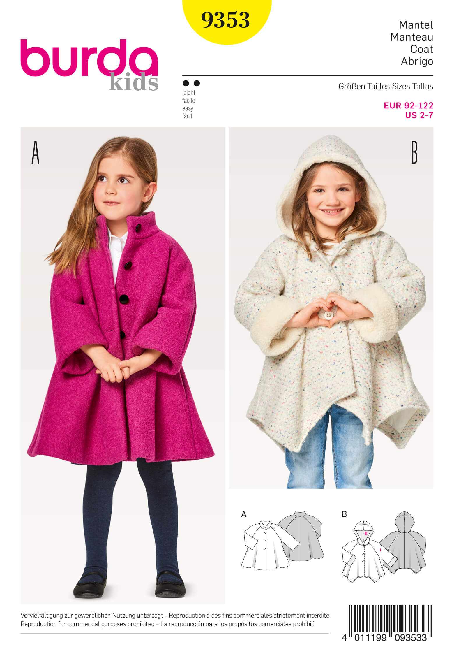 Burda Style Pattern B9353 Child’s A-Line Coat - Sewdirect Australia