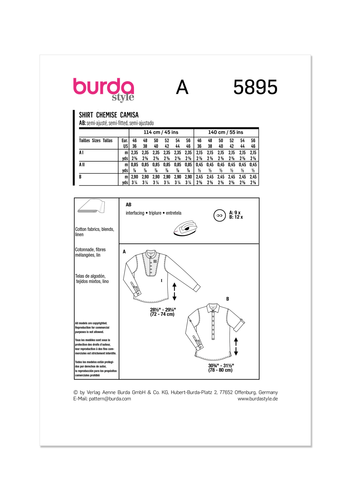 Burda Style Pattern B5895 Men’s Top - Sewdirect Australia