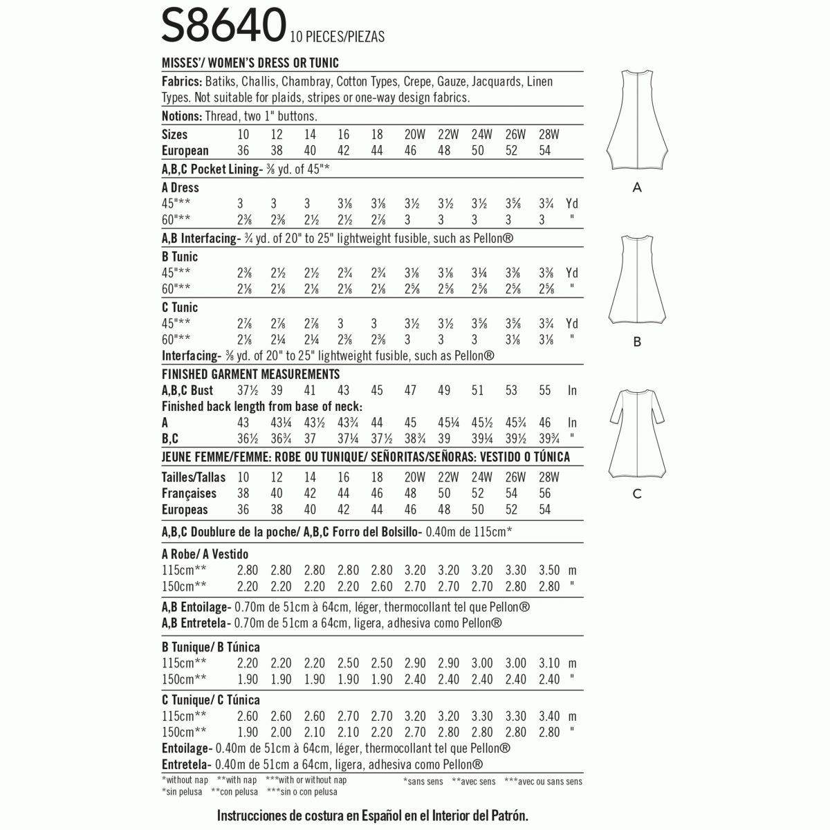 Simplicity Sewing Pattern S8640 Misses’/Women’s Dress or Tunic ...