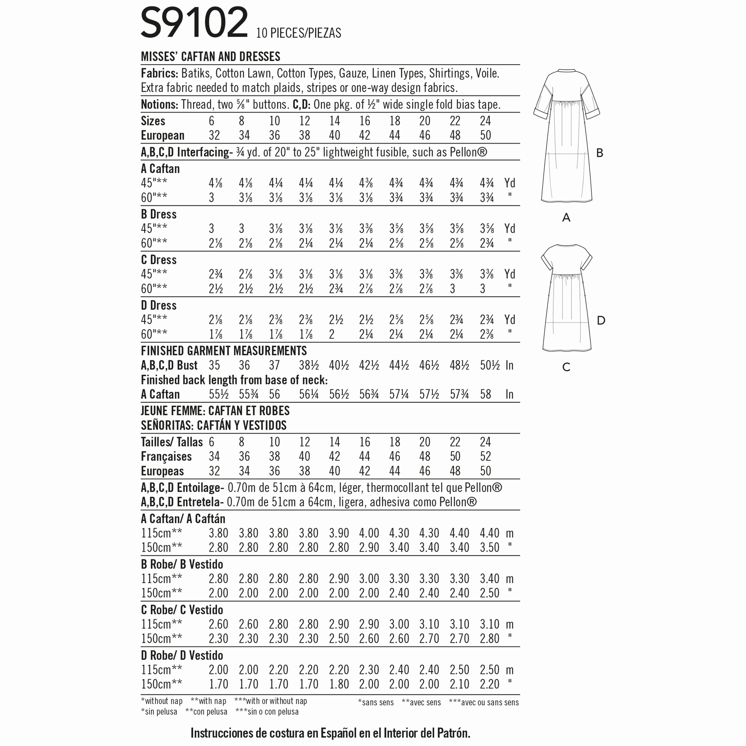 Simplicity Sewing Pattern S9102 Misses’ Caftan & Dresses - Sewdirect ...
