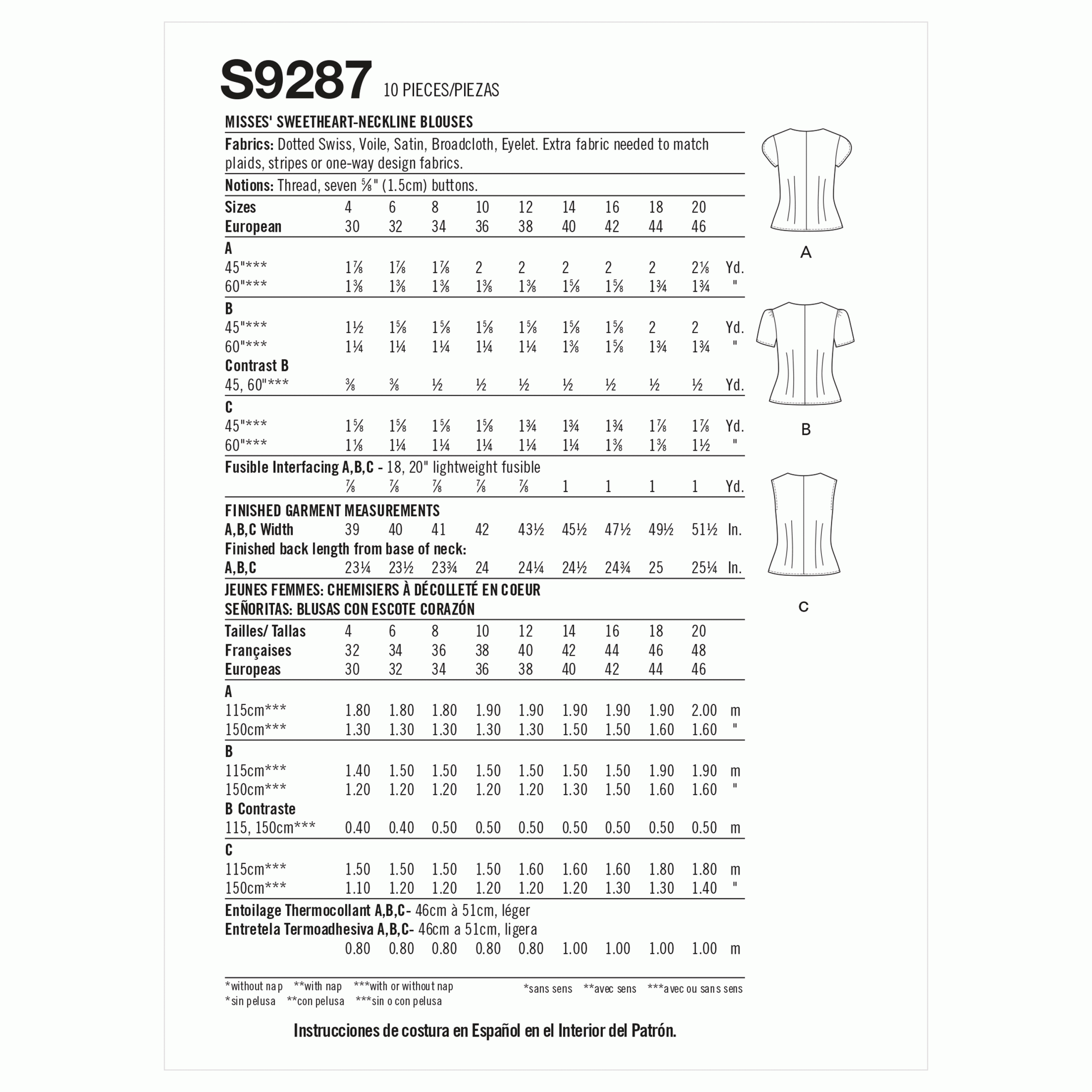 Simplicity Sewing Pattern S9287 Misses’ Sweetheart-Neckline Blouses ...