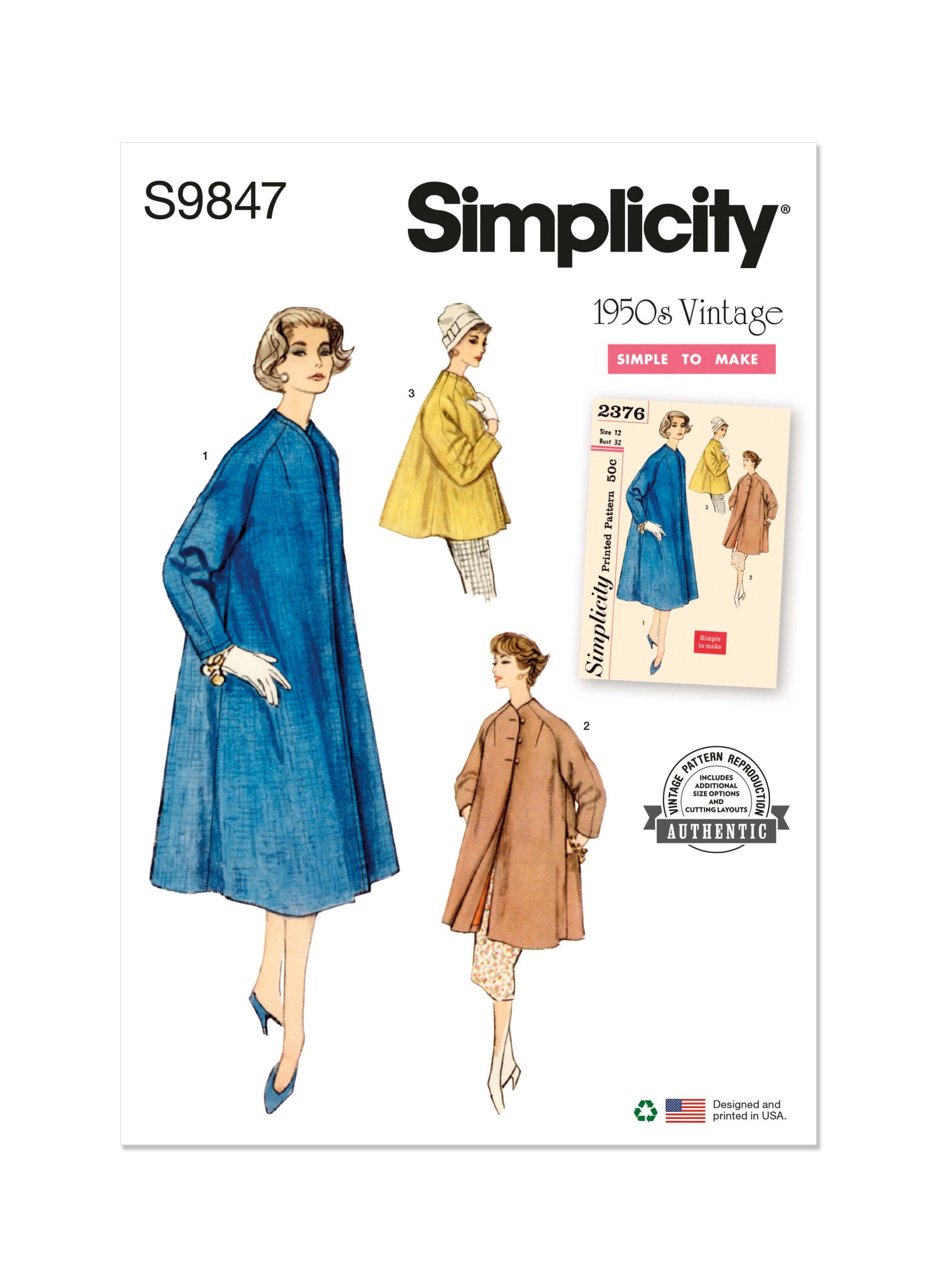 Simplicity Sewing Pattern S9847 Misses’ Vintage Coat in Three Lengths ...