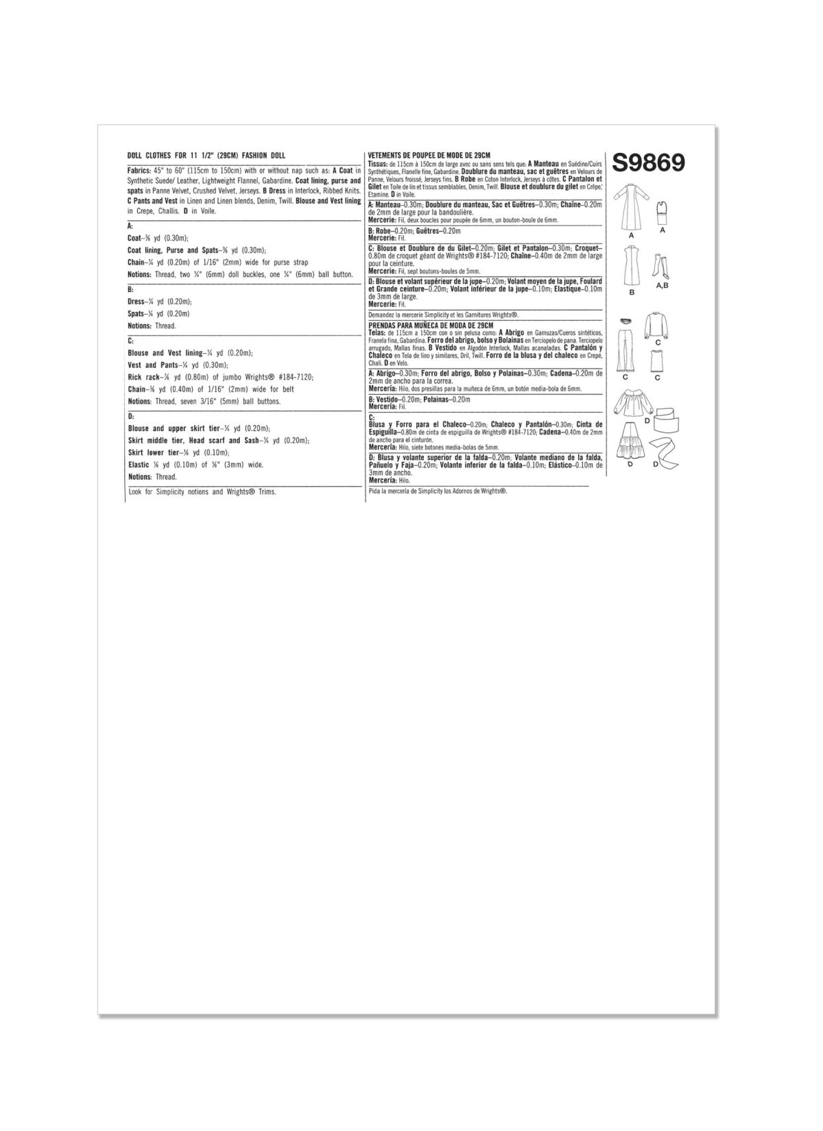 Simplicity Sewing Pattern S9869 Doll Clothes for 11 1/2″ Fashion Doll ...