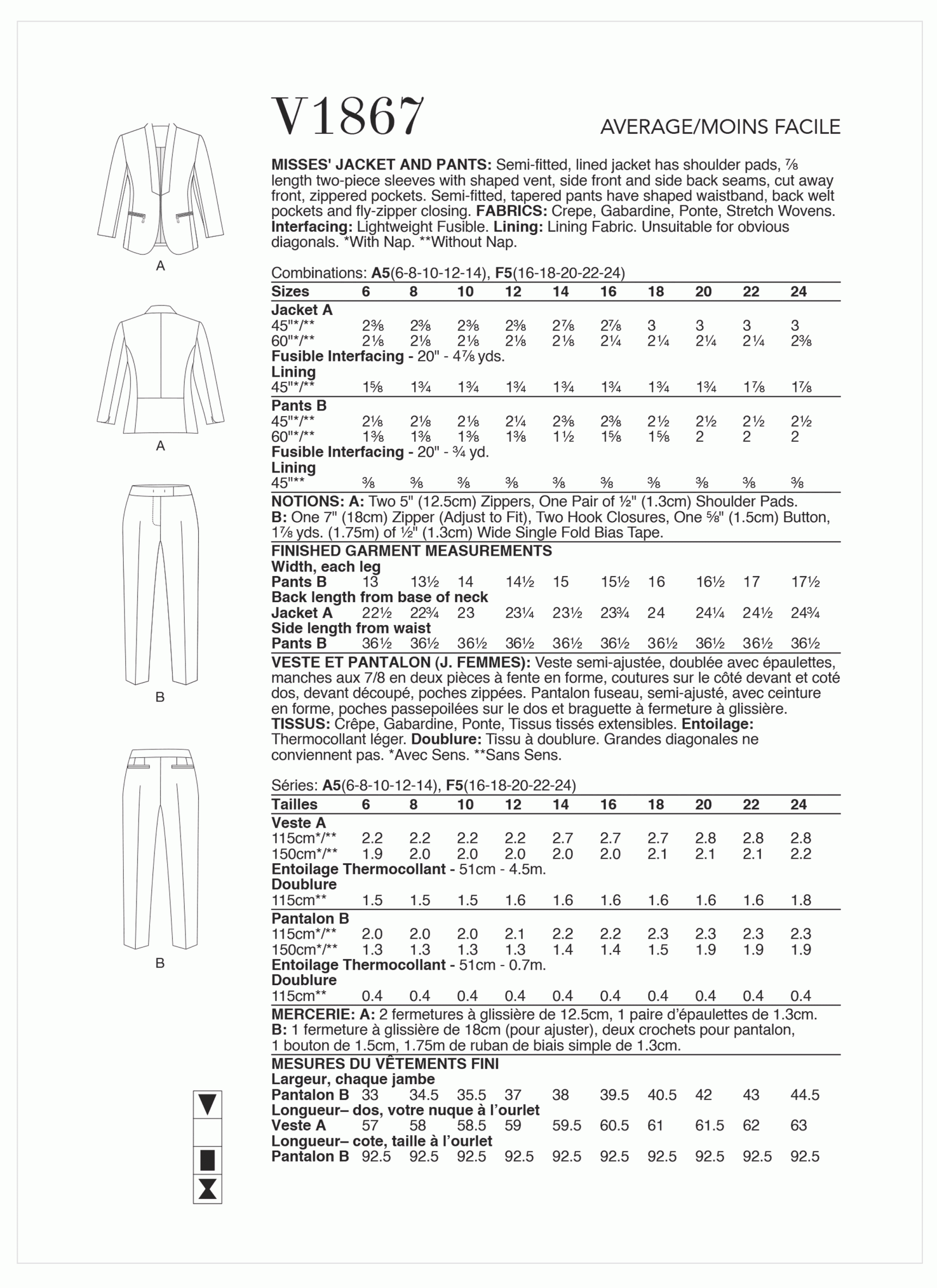 Vogue Patterns V1867 Misses’ Jacket and Trousers - Sewdirect Australia
