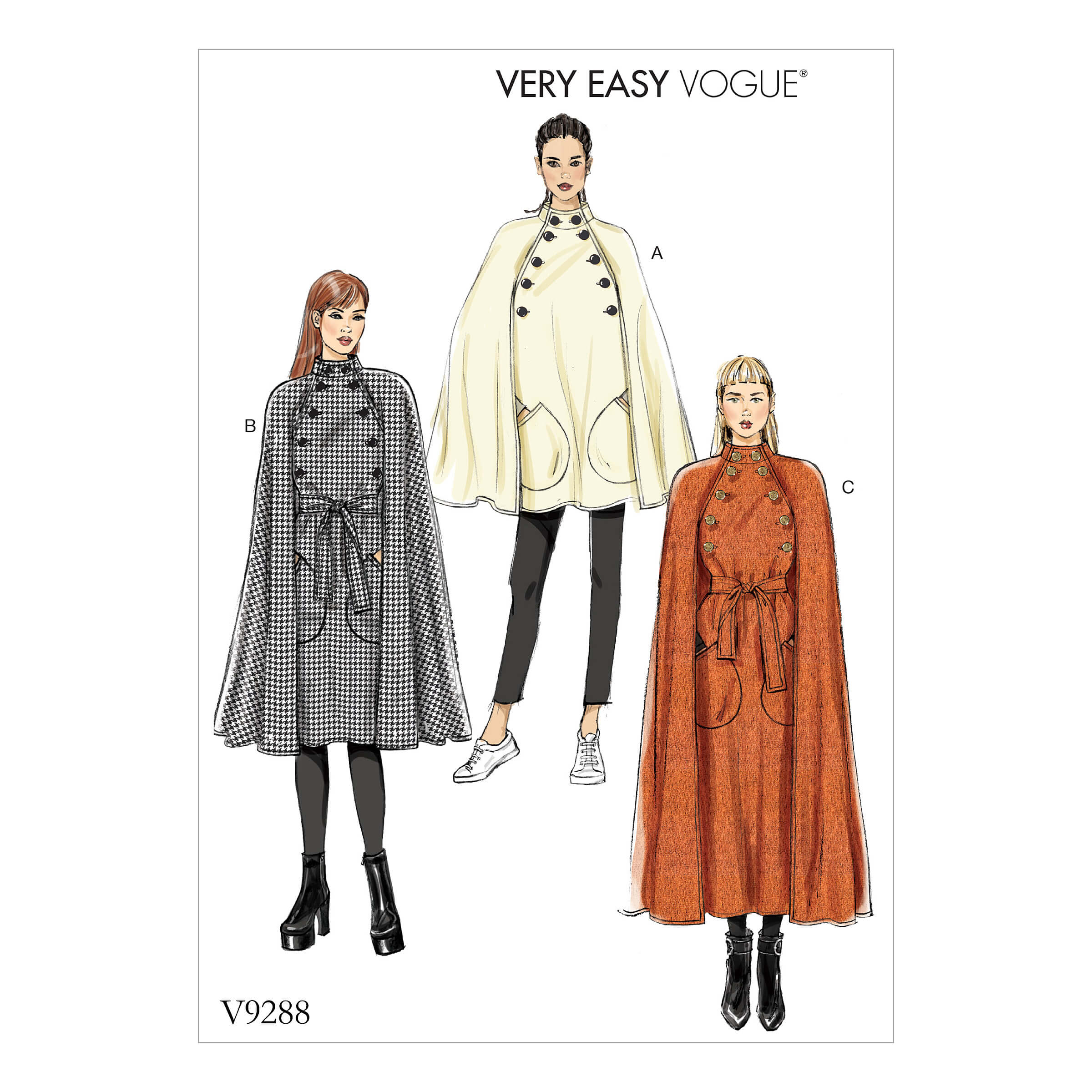 Vogue Patterns V9288 Misses’ Cape with Stand Collar, Pockets, and Belt ...